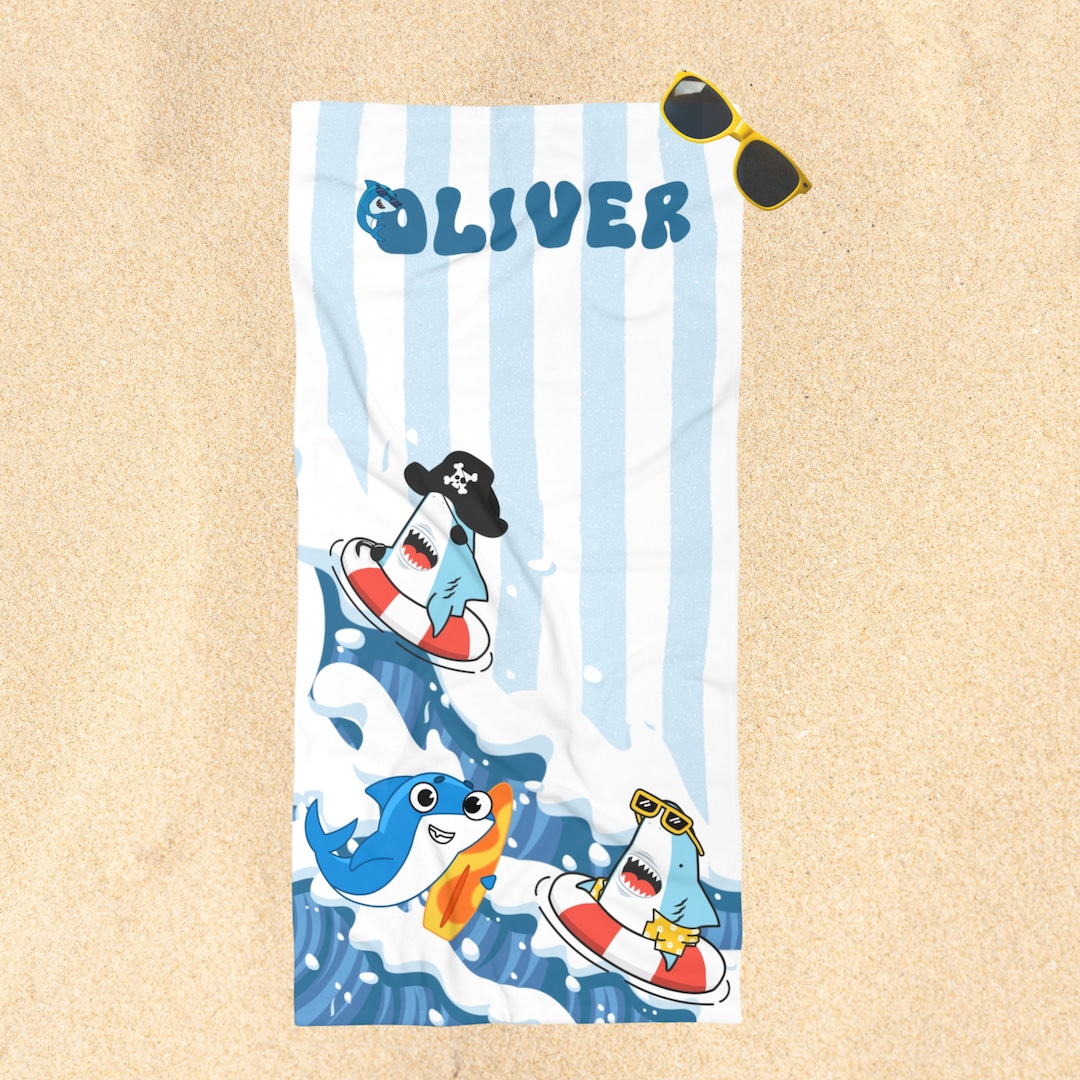 Personalized Groovy Sharks Towel for Kids, Custom Name Beach and Bath ...