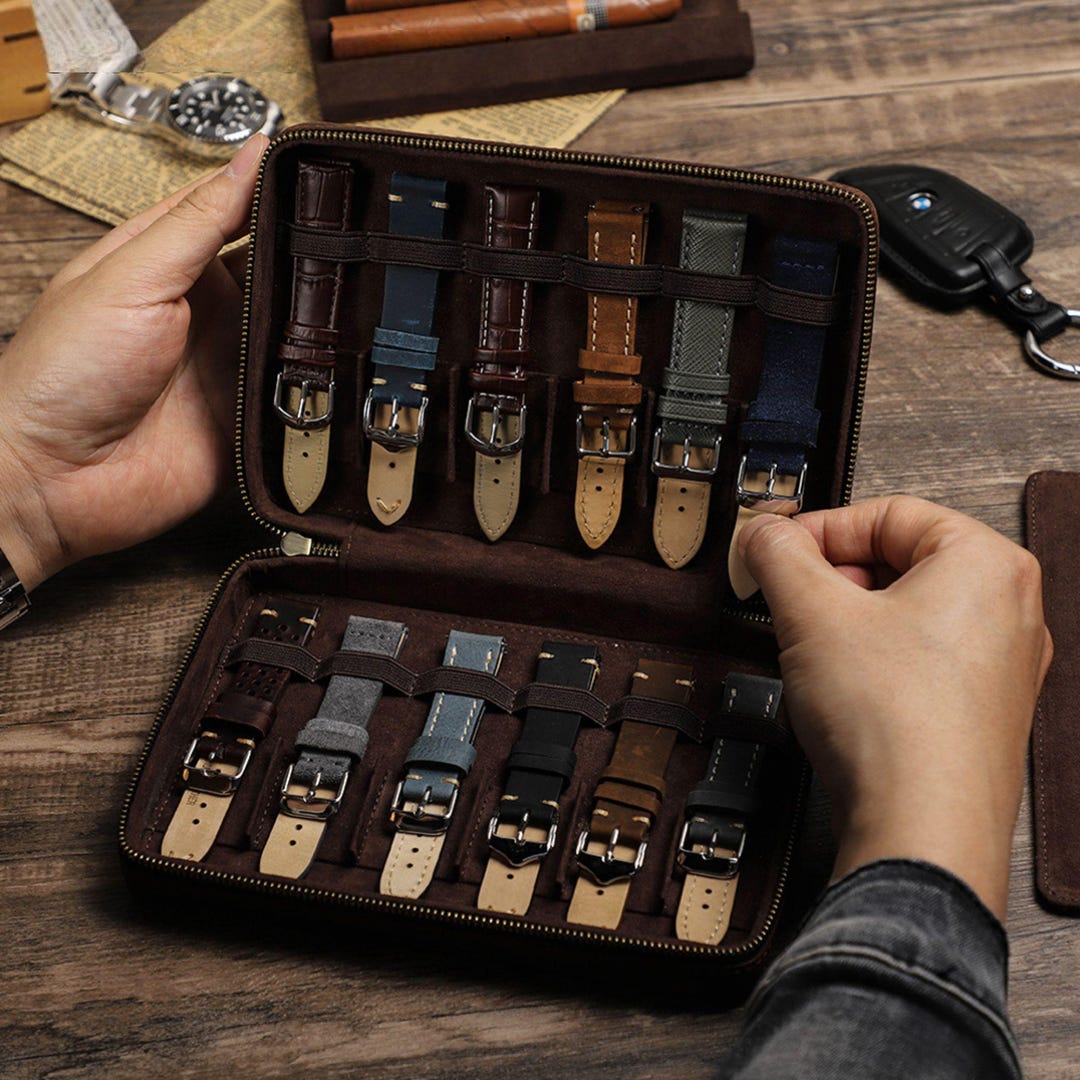 Full Grain Leather Watch Strap Organizer Box 12 Slots Men Watchbands ...