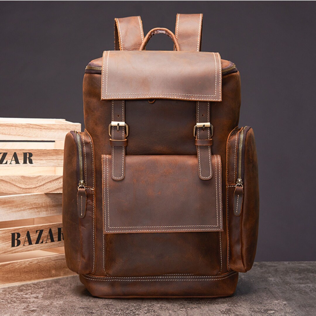 Leather Backpack Men's Vintage Travel Backpack Camping Hiking Backpack ...