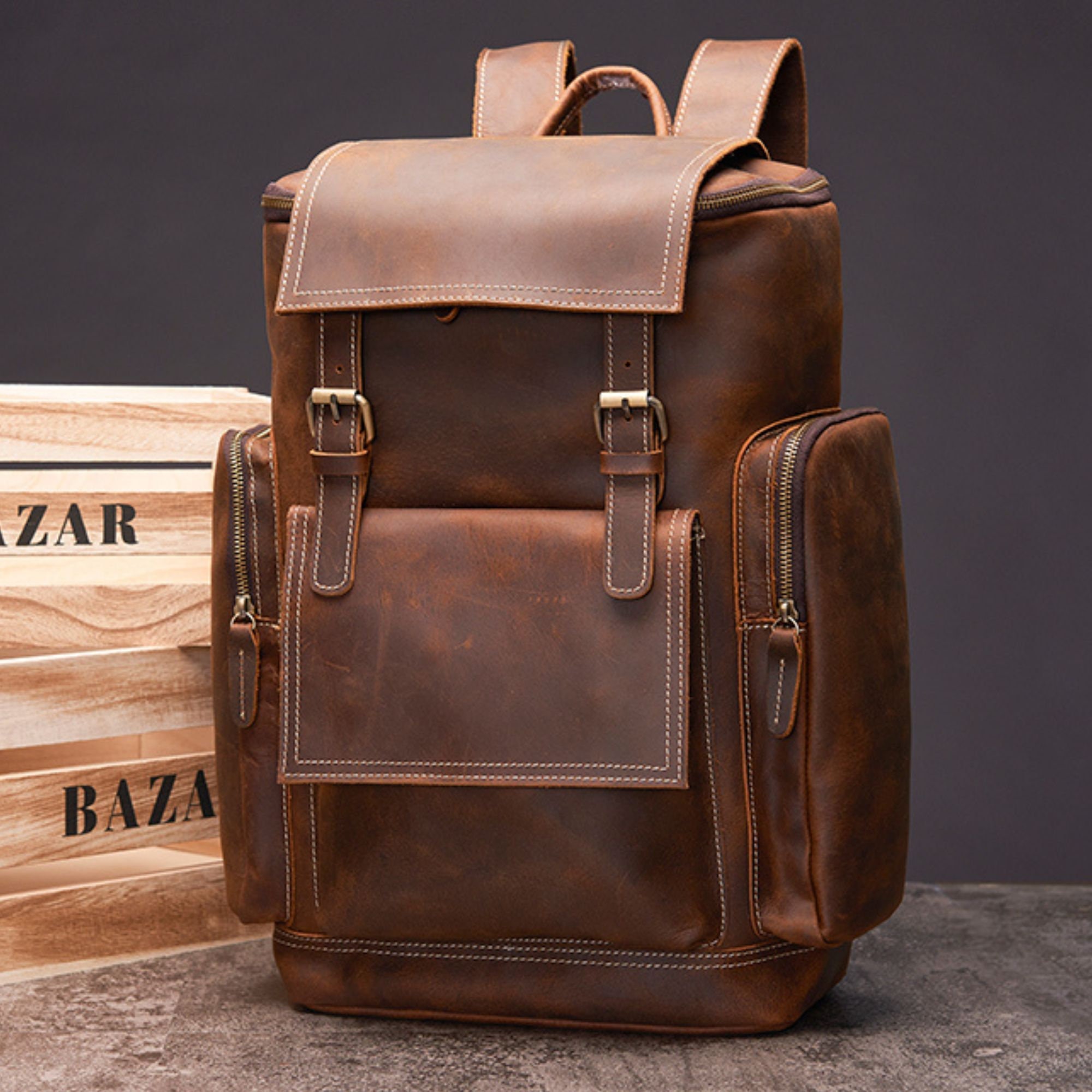 Leather Backpack Men's Vintage Travel Backpack Camping Hiking Backpack ...