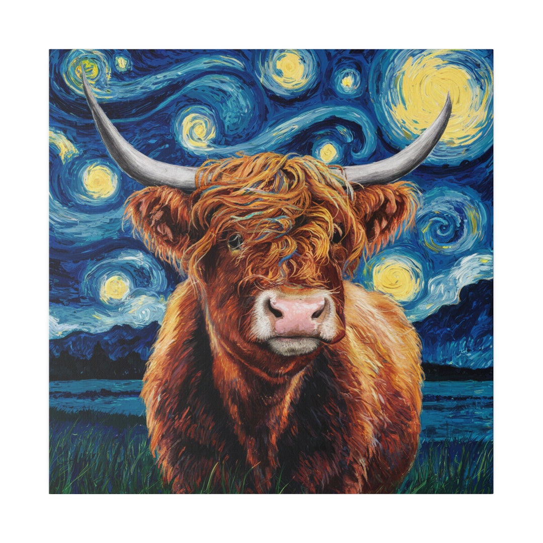 Cute Highland Cow Starry Night Matte Canvas, Stretched, 0.75 - Etsy