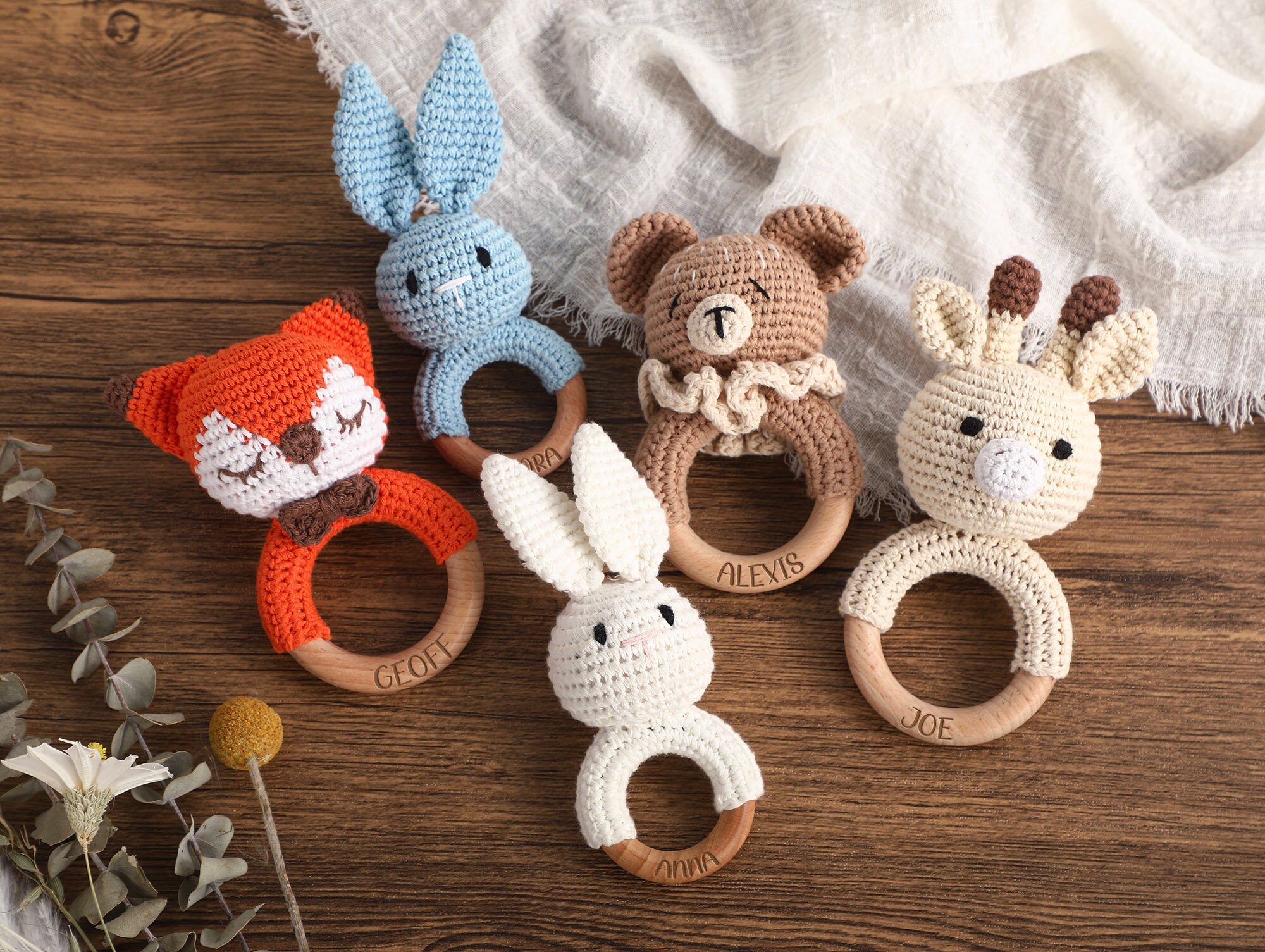Personalized Animal Crochet Rattle,custom Wooden Baby Rattle,engraved ...