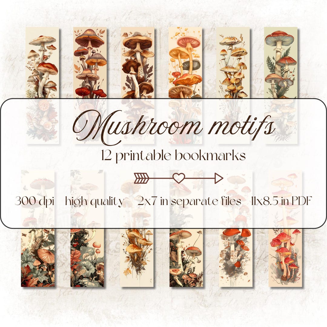 Printable Bookmarks, Mushroom Motifs Bookmarks, Book Lovers Designs ...