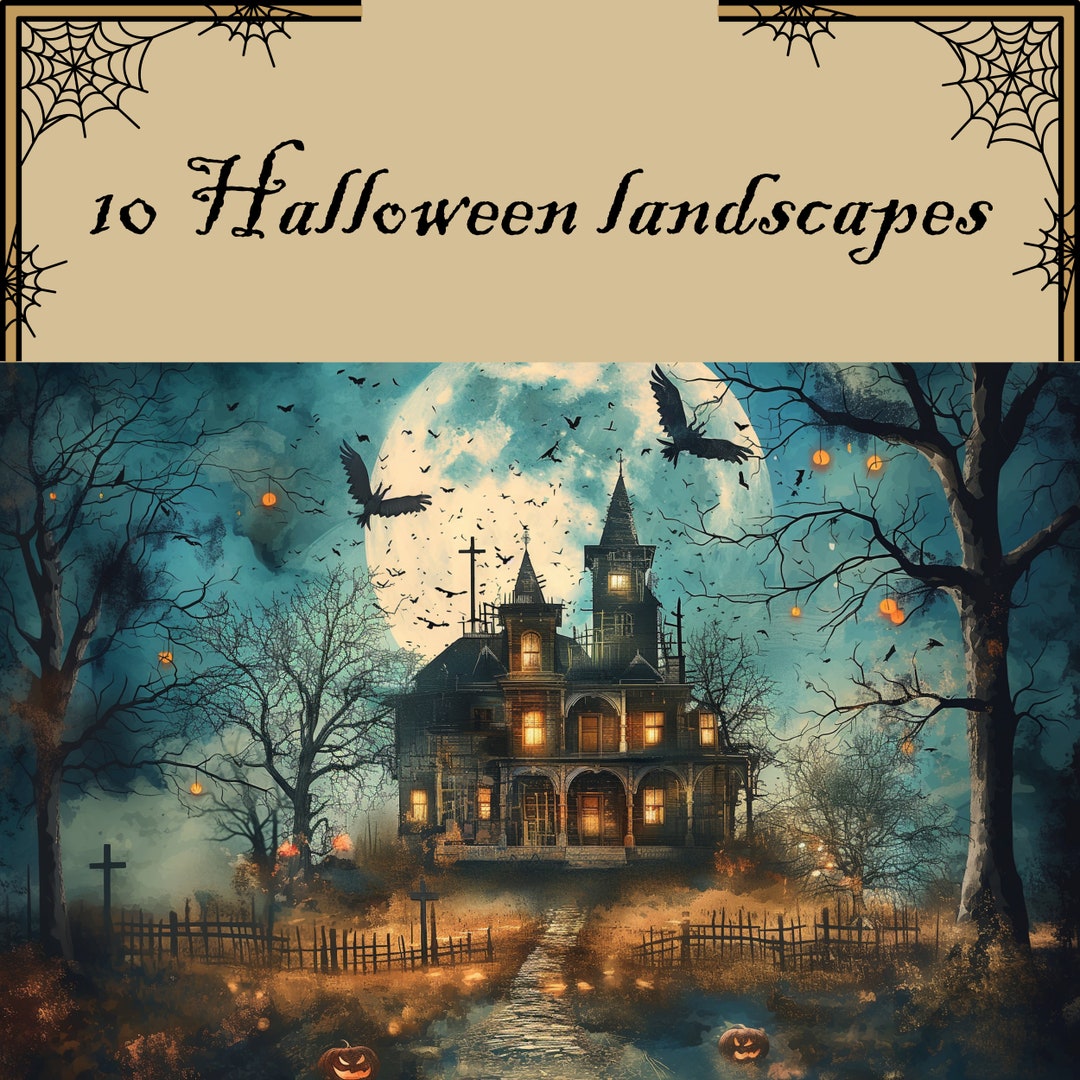 Halloween Landscape Digital Paper, Haunted Houses Images, Watercolor ...