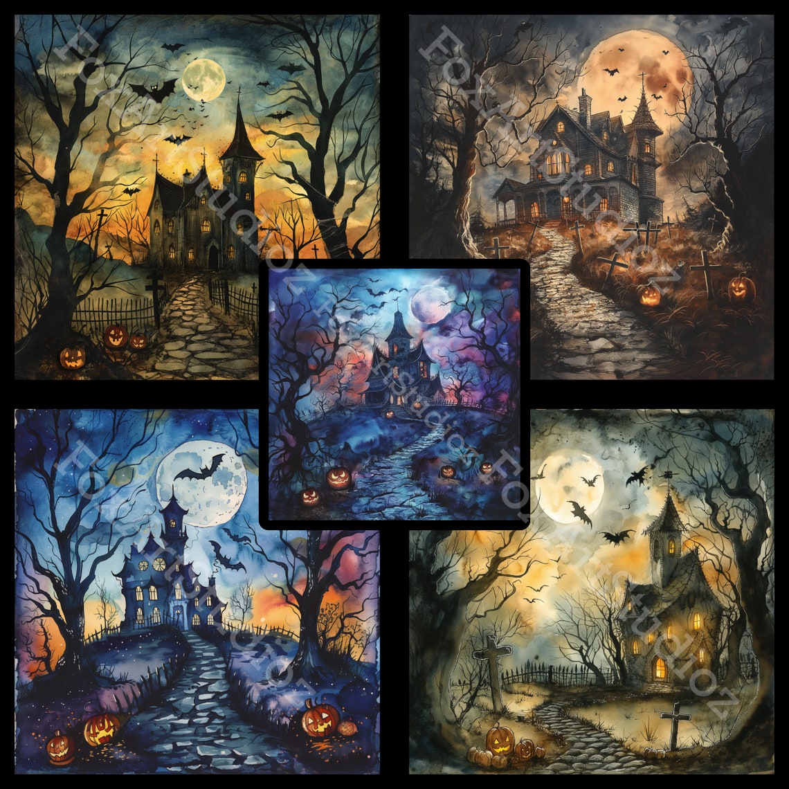 Halloween Landscape Digital Paper, Haunted Houses Images, Watercolor ...