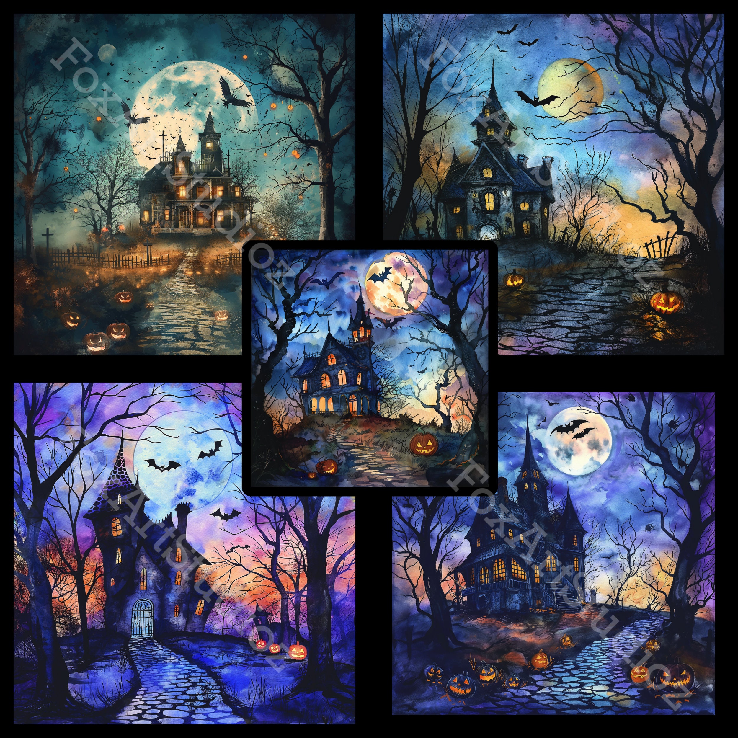 Halloween Landscape Digital Paper, Haunted Houses Images, Watercolor ...