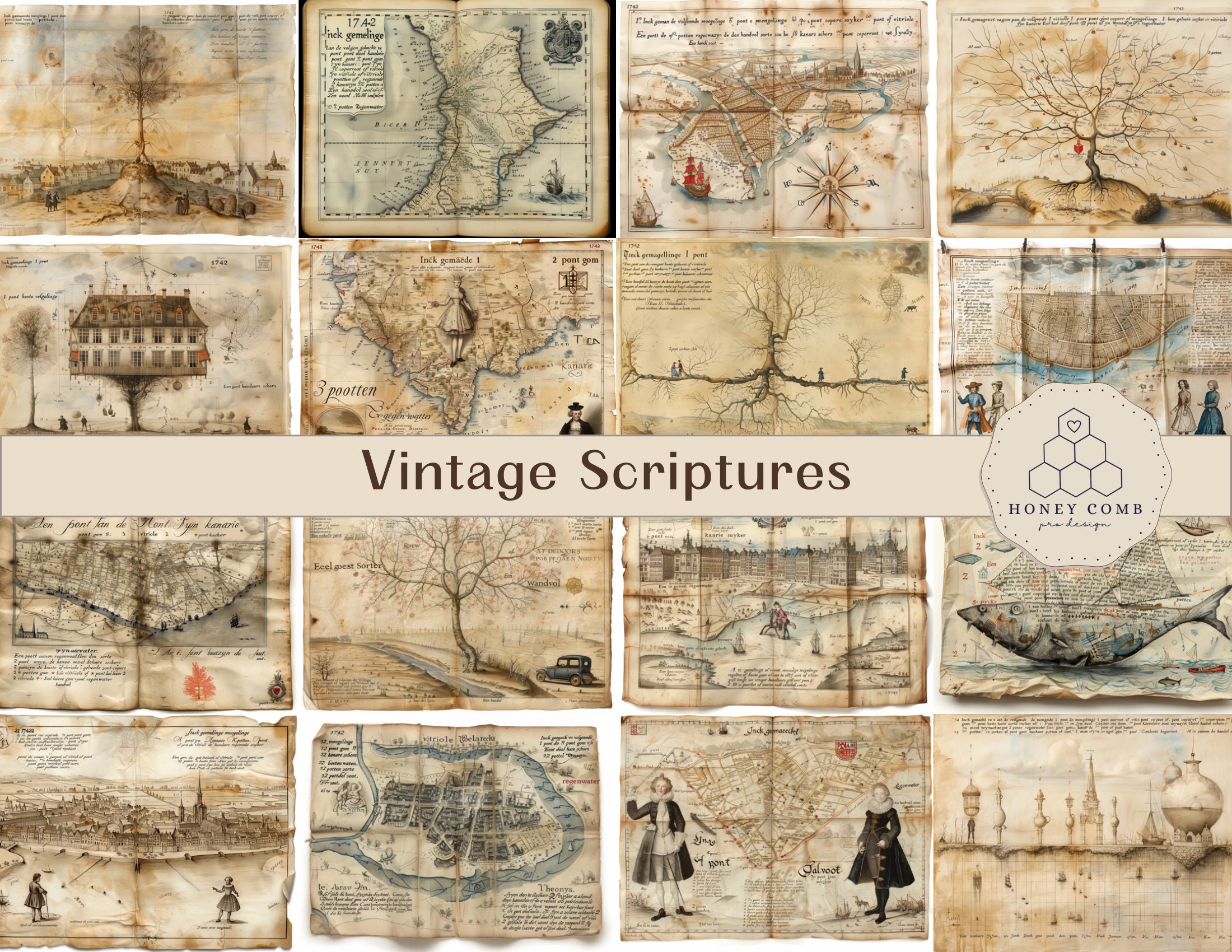 Vintage Scriptures Digital Papers Medieval Maps, Historical Cityscapes ...