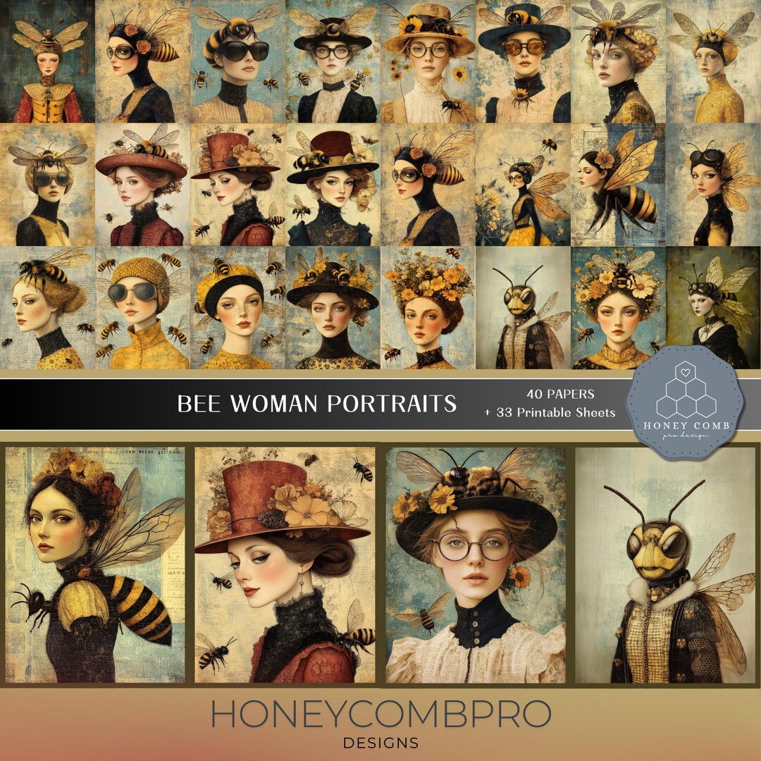 Bee Woman Portraits Digital Kit // Whimsical Bee Lady Art // Junk ...