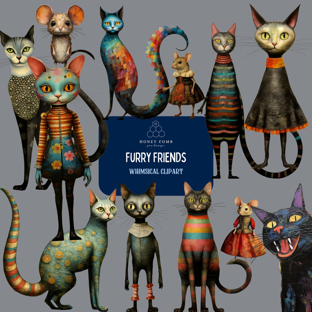 Furry Friends - Quirky Mixed Media Cat and Mouse Graphics With ...