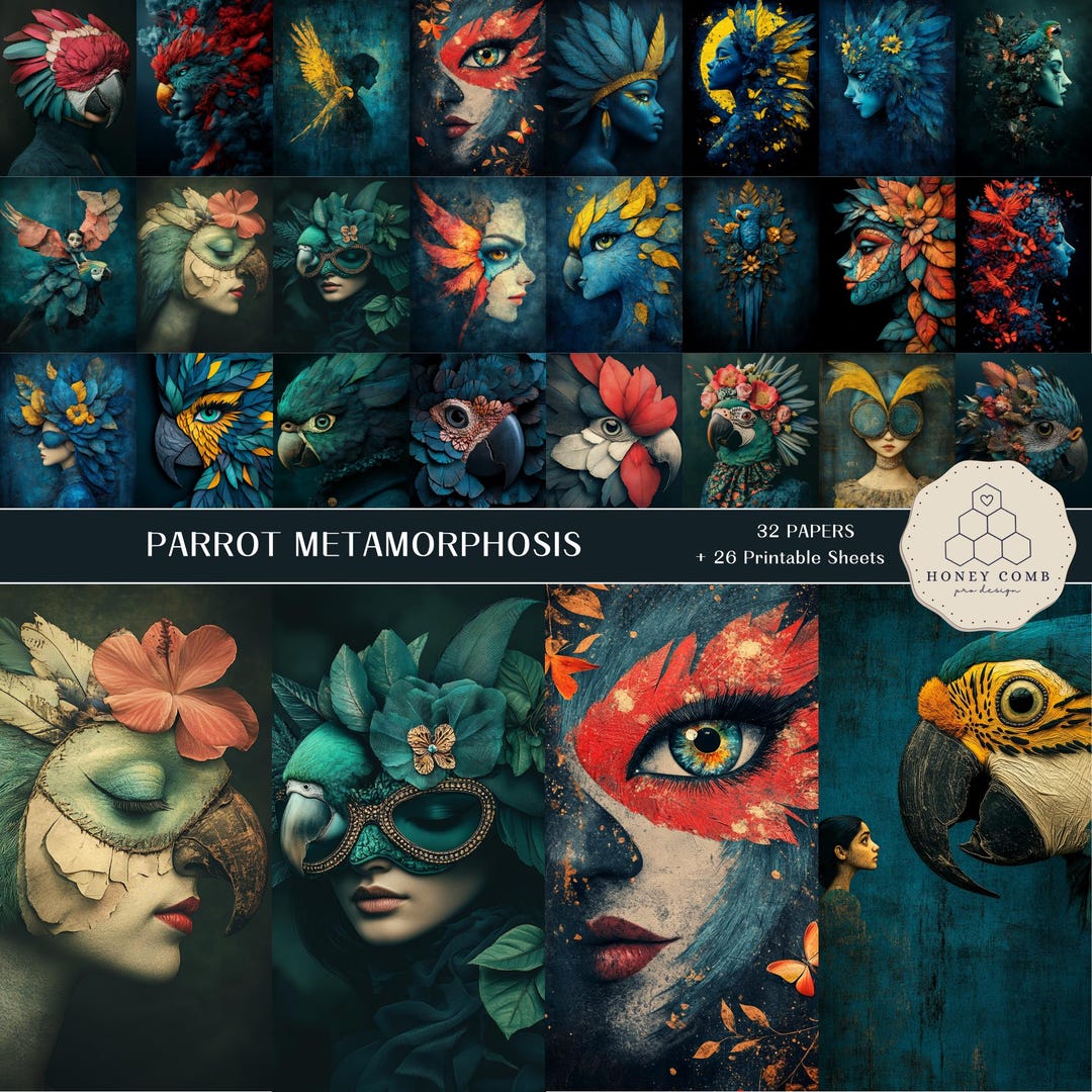 Whimsical Parrot Metamorphosis Art Kit: 32 Surreal Bird & Woman ...