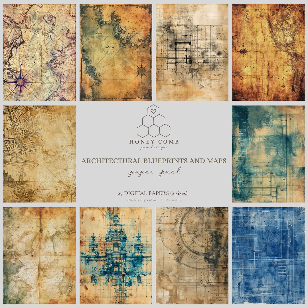 Vintage Grunge Maps & Blueprints Digital Papers - Printable Antique ...