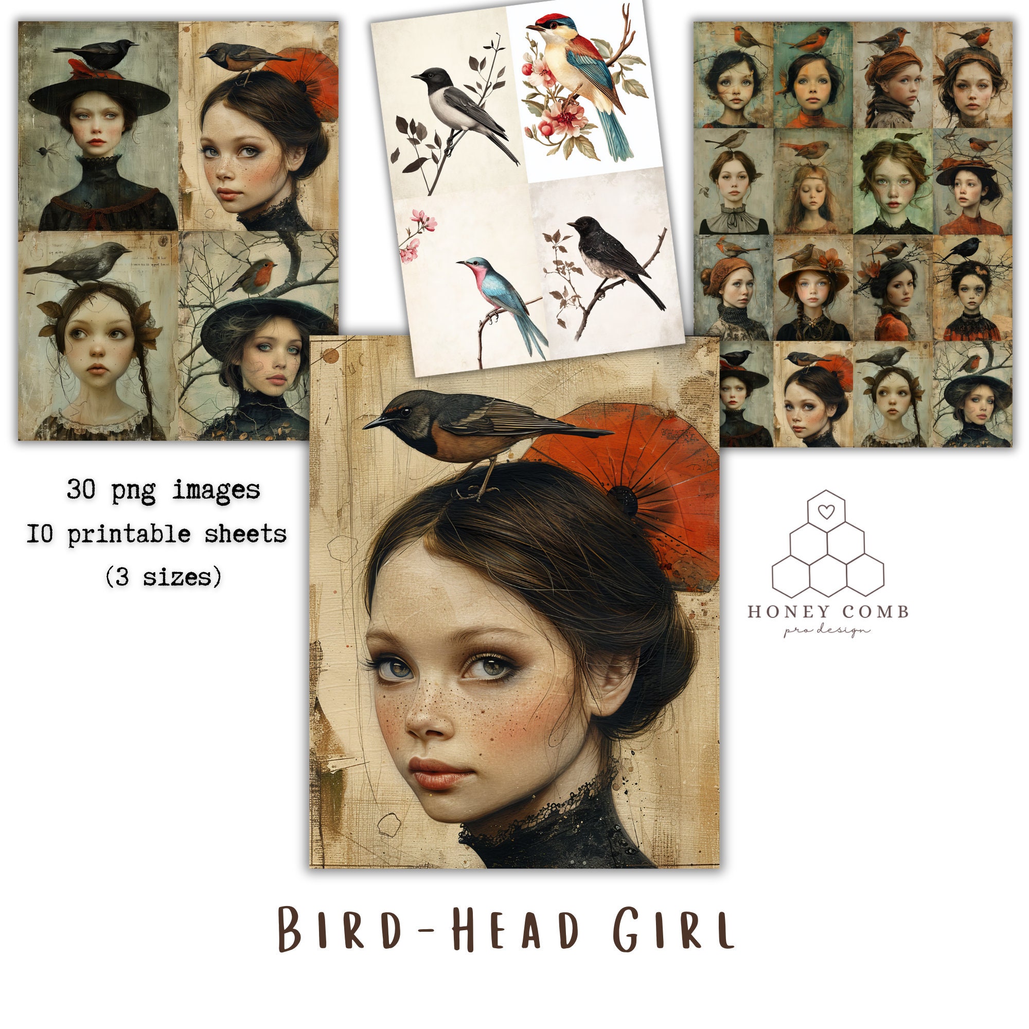 Bird-head Girl Paper Kit - 30 Portrait Papers + 10 Printable Sheets ...