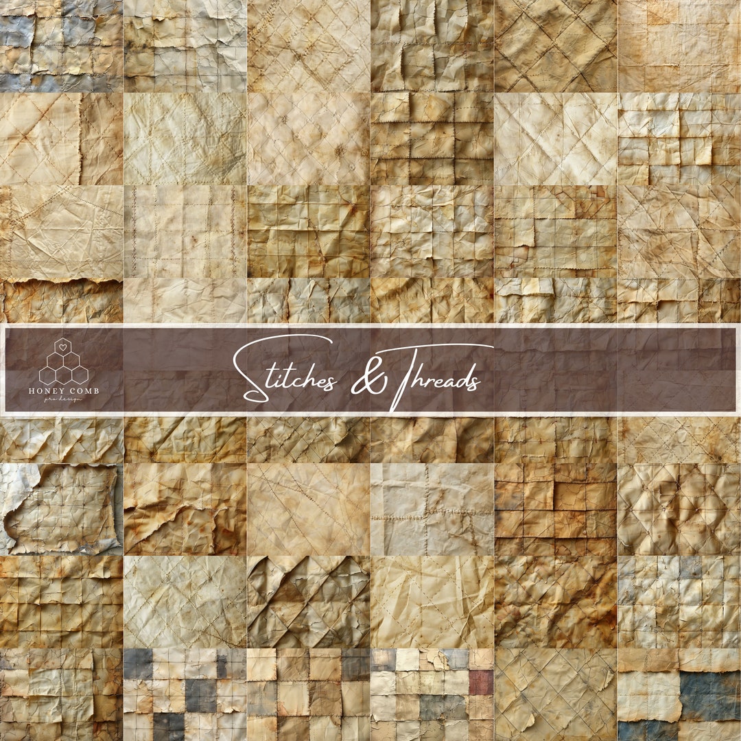 Stitched Sewn Vintage Quilt & Fabric Digital Paper Kit, Aged Beige and ...