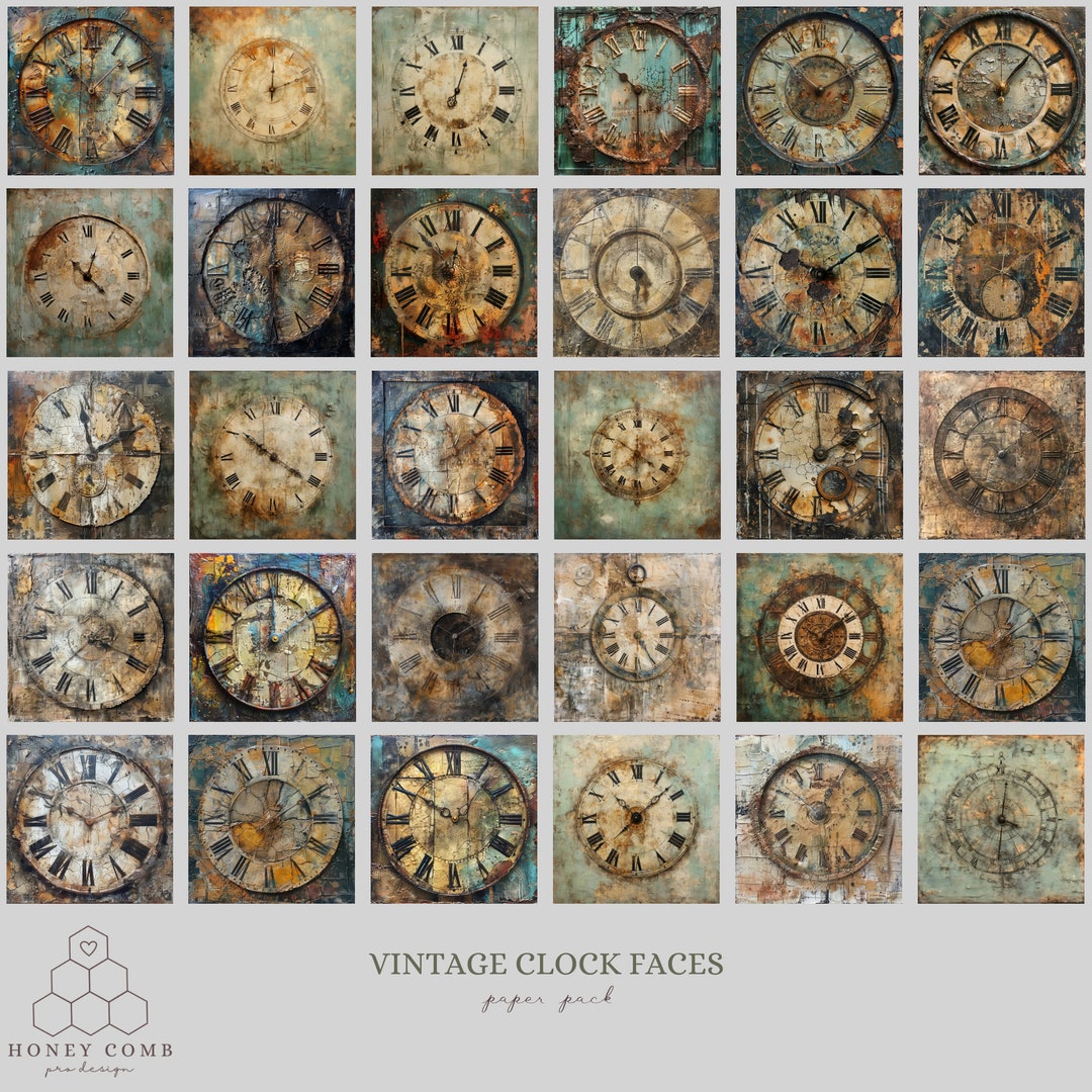 Vintage Mixed Media Clock Faces Pack 30 Jpeg Clocks for Junk Journaling ...