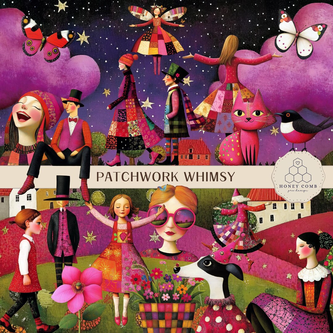 Patchwork Whimsy: 50 Clipart Elements & 8 Landscape Backgrounds ...