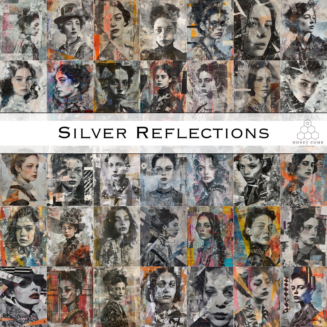 Silver Reflections - 40 Mixed Media Collages of Women's Portraits, PNG ...