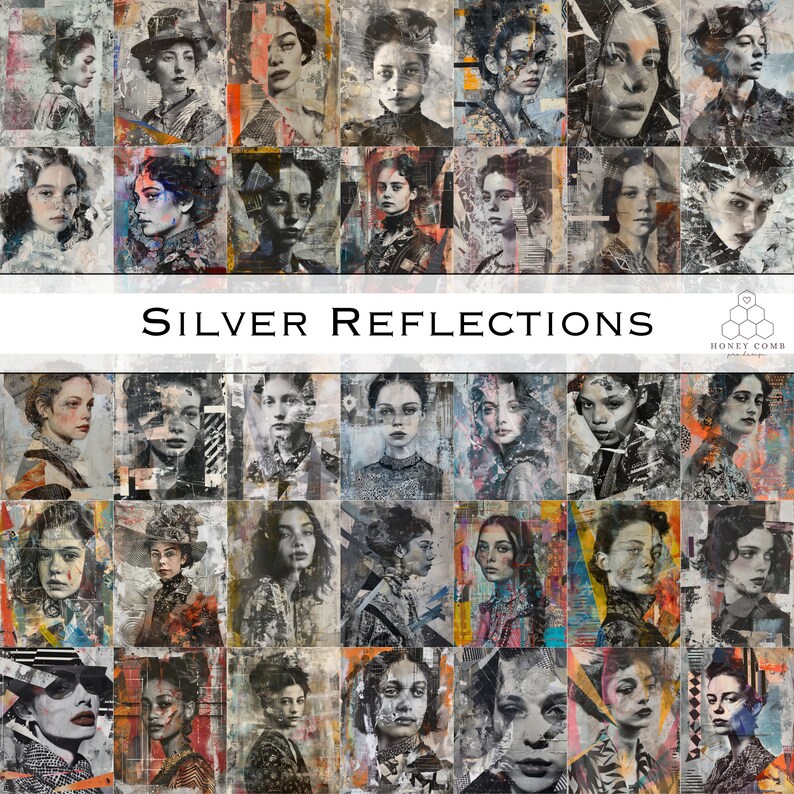 Silver Reflections 40 Mixed Media Collages of Women's Portraits, PNG ...