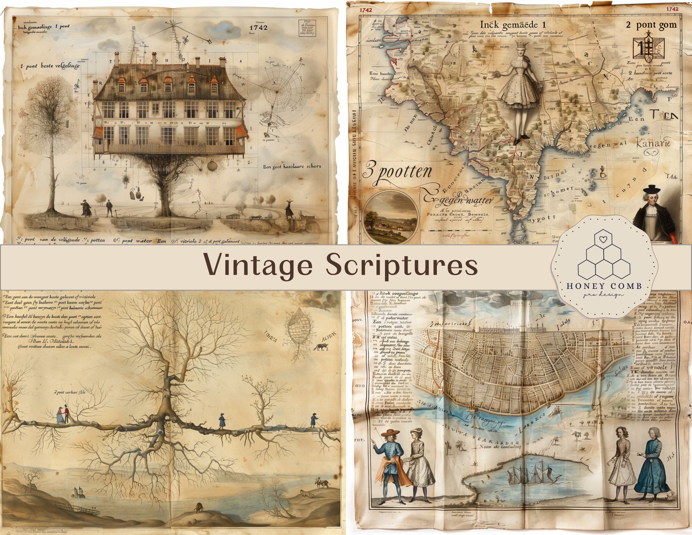 Vintage Scriptures Digital Papers Medieval Maps, Historical Cityscapes ...