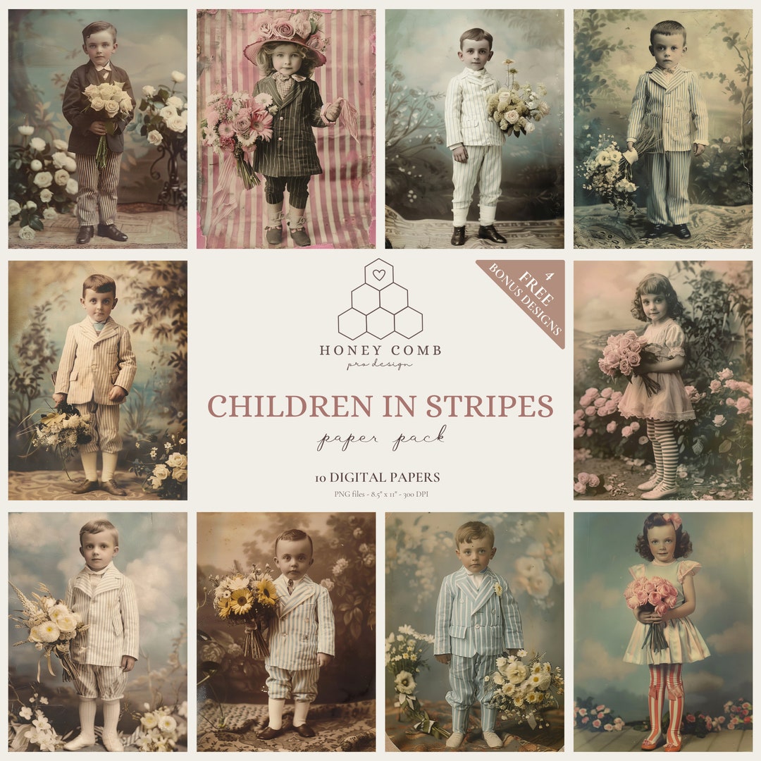 Vintage Children in Stripes Papers Perfect for Scrapbooking & DIY ...