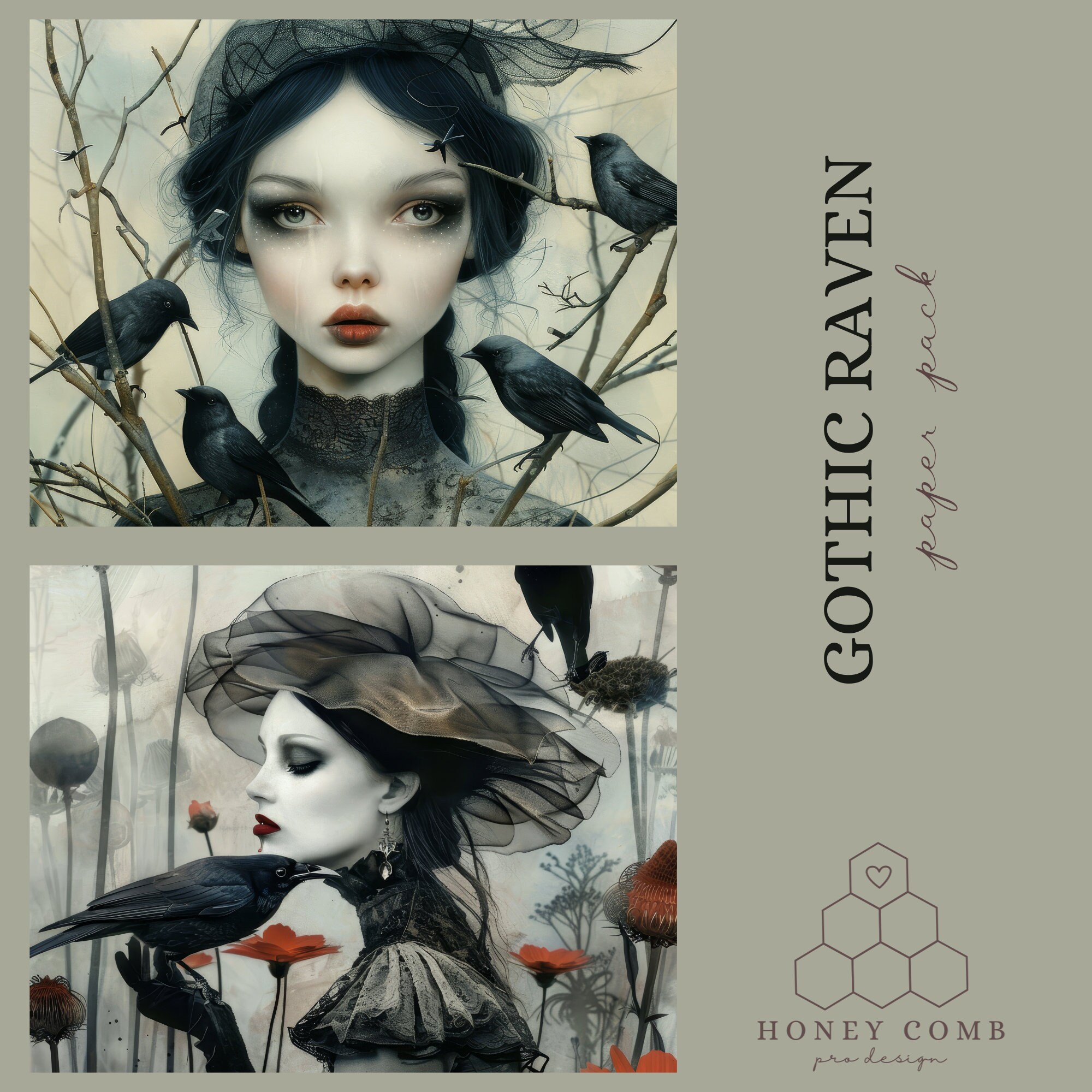 Gothic Raven Digital Paper Set Crow Printable Ephemera Card Making