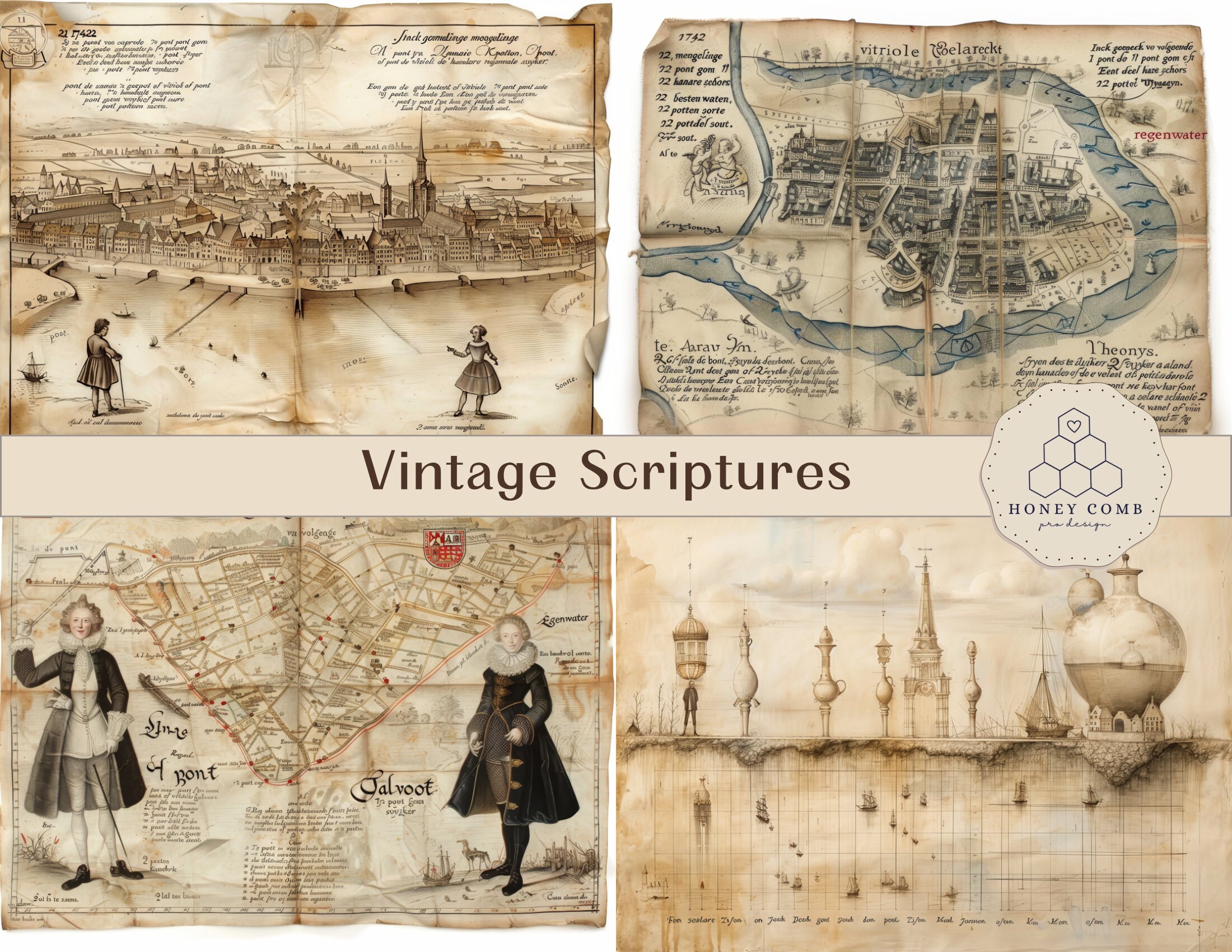 Vintage Scriptures Digital Papers Medieval Maps, Historical Cityscapes ...