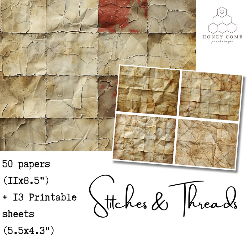 Stitched Sewn Vintage Quilt & Fabric Digital Paper Kit, Aged Beige and ...