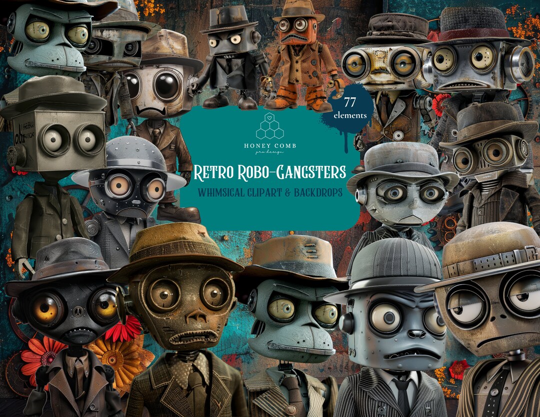 Retro Robo-gangsters - 43 Klunky Robot Clipart & 16 Backdrops ...