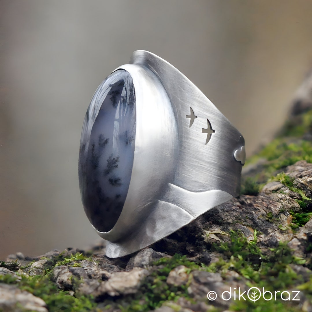 Blackened Sterling Silver and Moss Agate Ring Late Fall. Natural ...