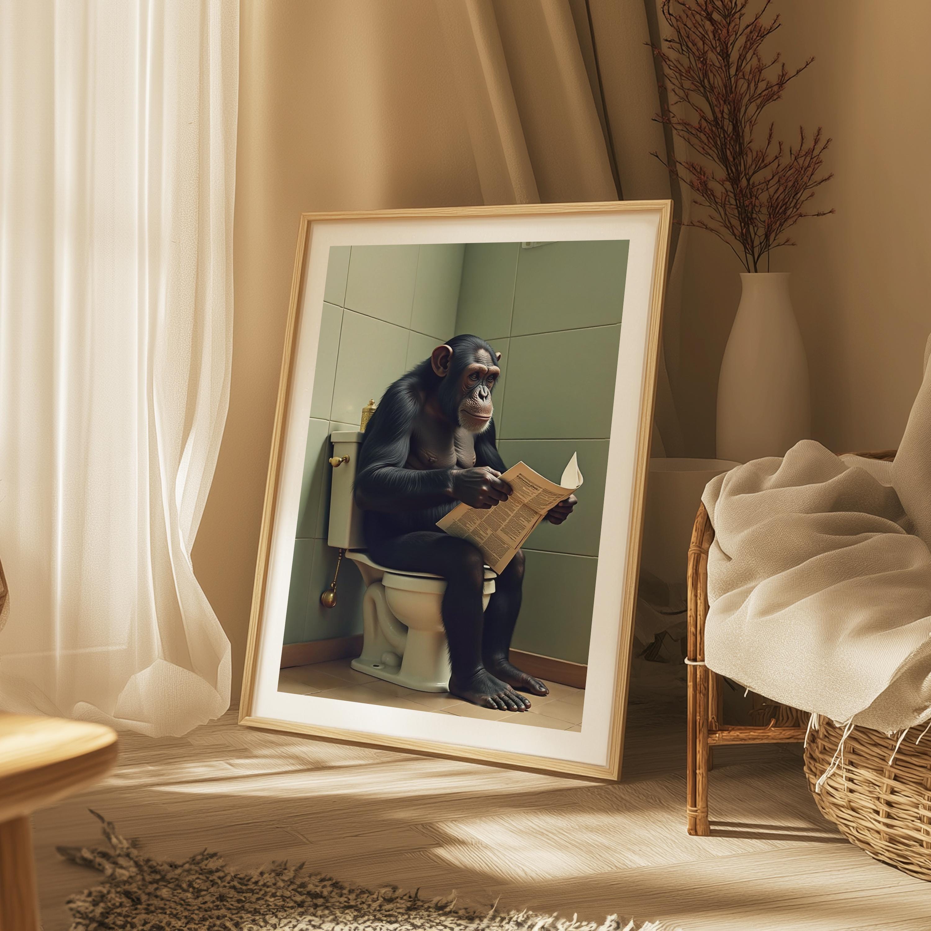 Monkey Reading Newspaper Print, Bathroom Wall Decor, Animal Wall Art ...