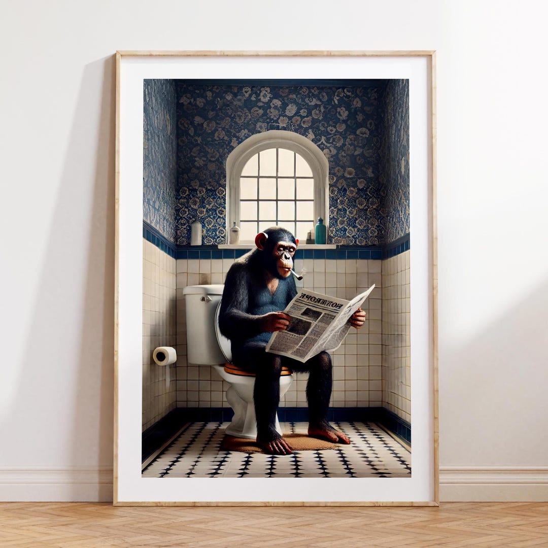 Smoking Chimp Reading Newspaper Print, Bathroom Wall Decor, Animal Wall ...