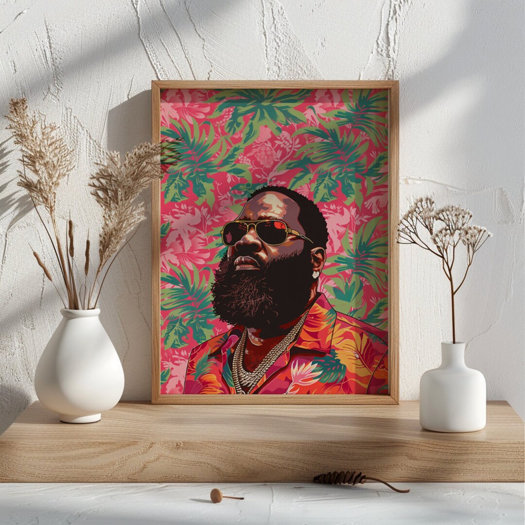Rick Ross Art Print Iconic Rapper in Tropical Shirt Vibrant Hip-hop ...