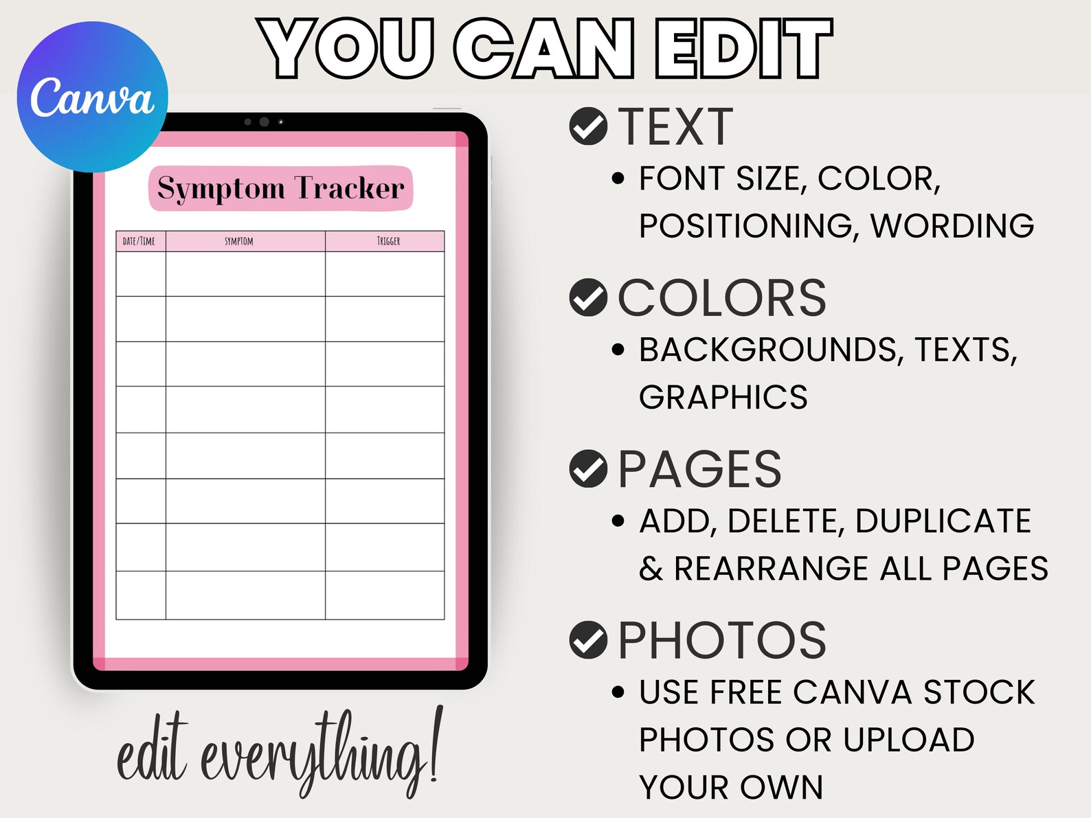 Symptom Tracker, Printable Medical Planner, Pain Tracker, Symptoms ...