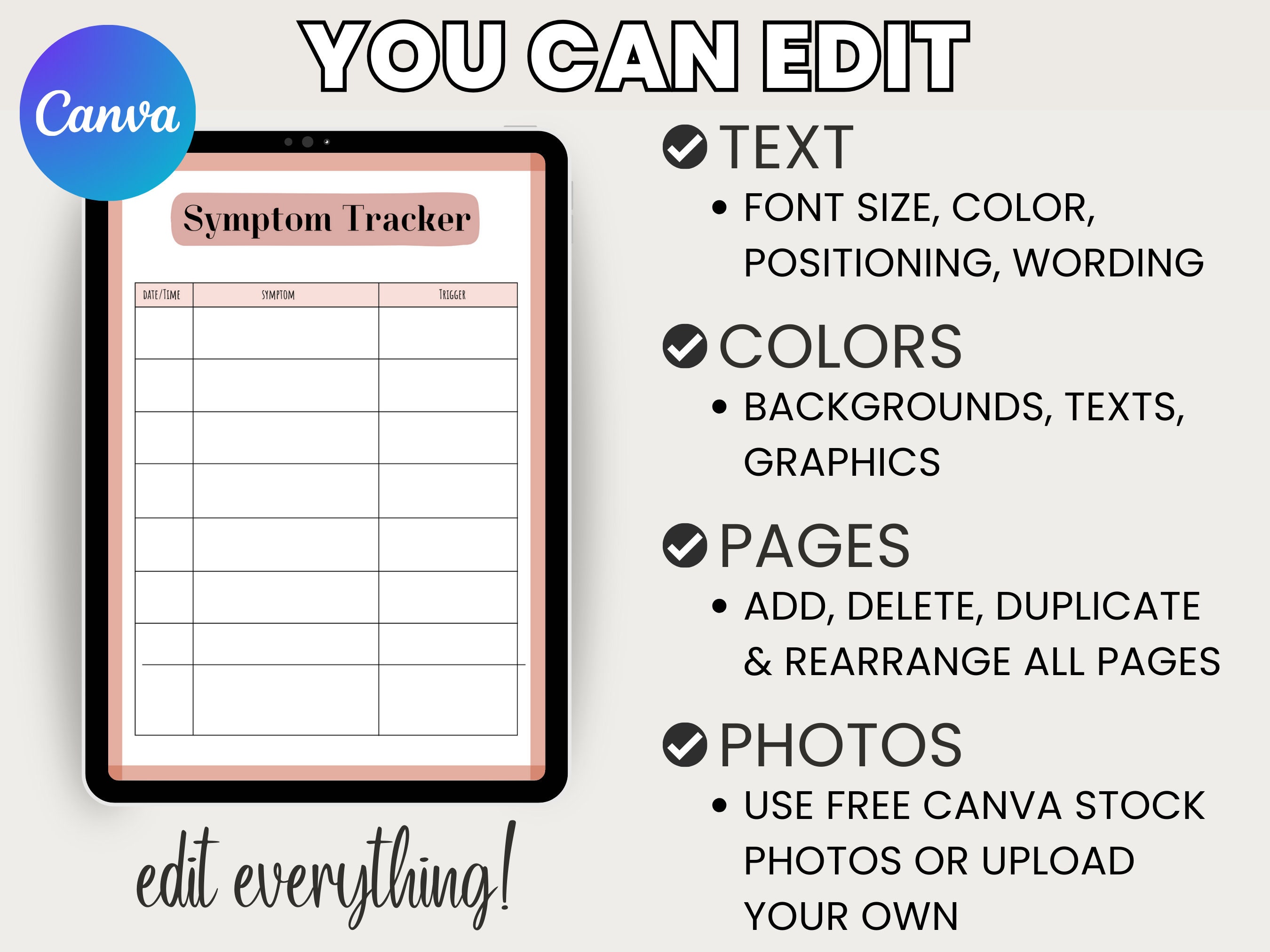 Symptom Tracker, Printable Medical Planner, Pain Tracker, Symptoms ...