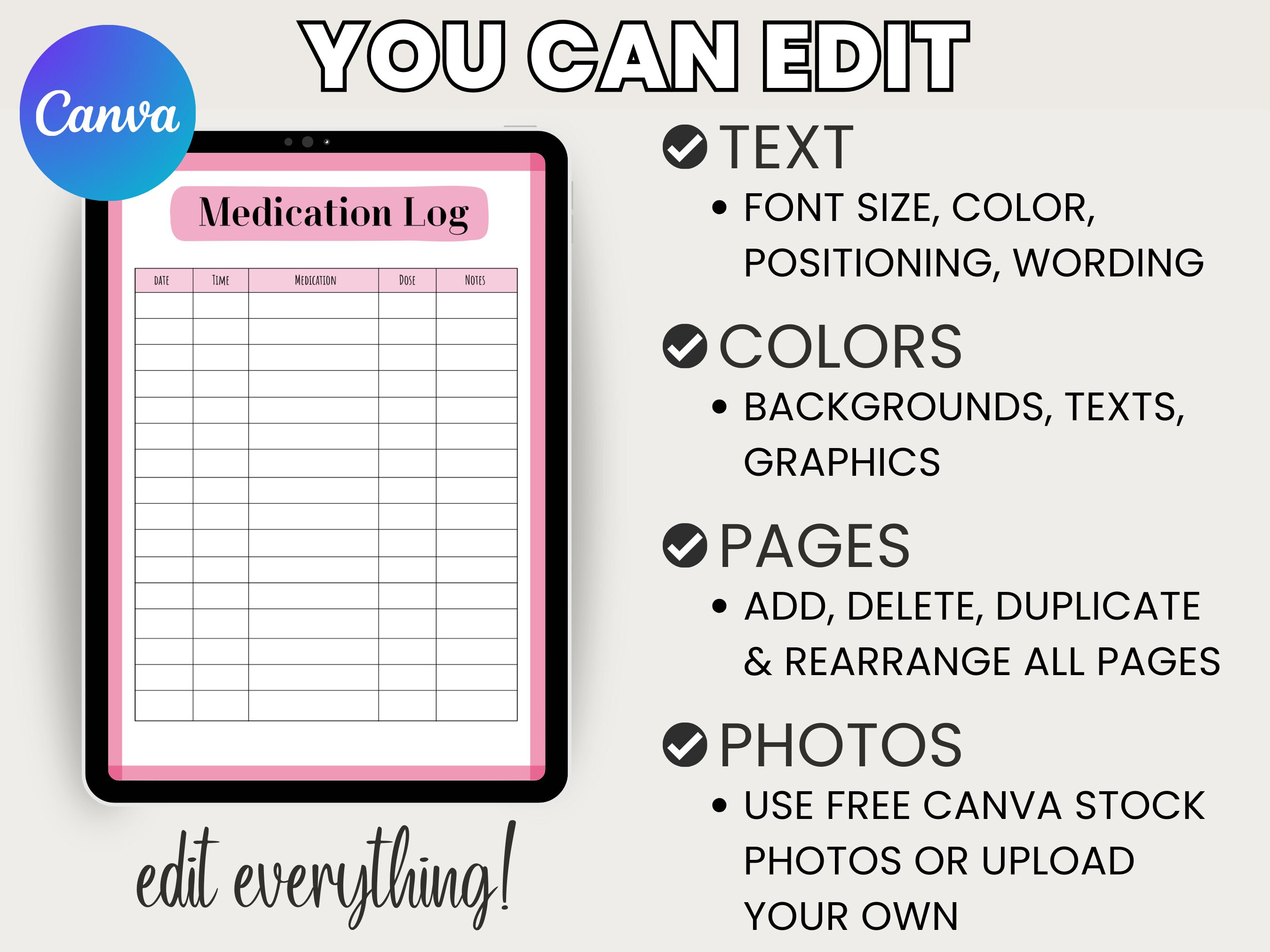 Medication Log Printable, Medication Tracker, Medication Reminder List ...