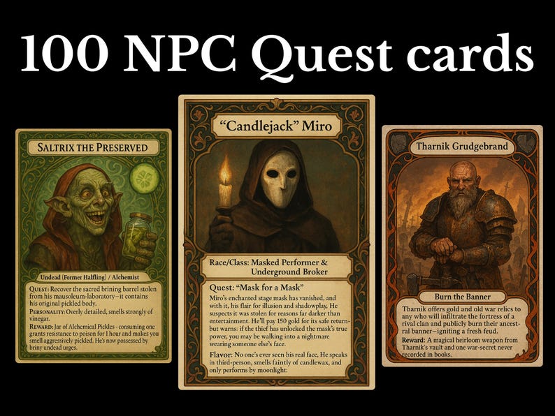 100 NPC Quest Giver Cards - D&D 5e Resource (printable PDF) - Etsy