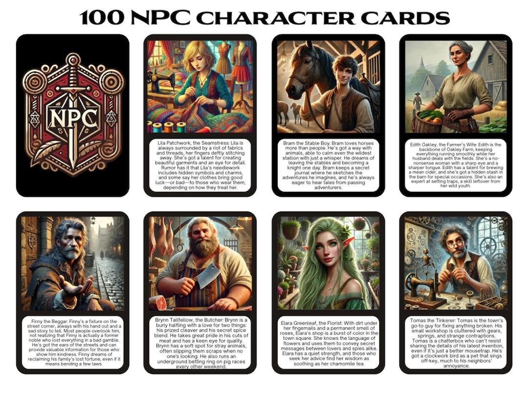 100 Unique NPC Character Cards for Dnd & RPG Tabletop Games | Printable ...