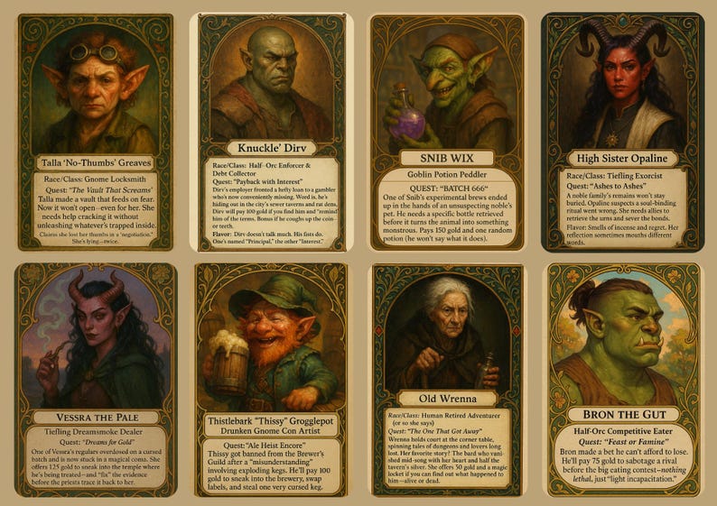 100 NPC Quest Giver Cards - D&D 5e Resource (printable PDF) - Etsy