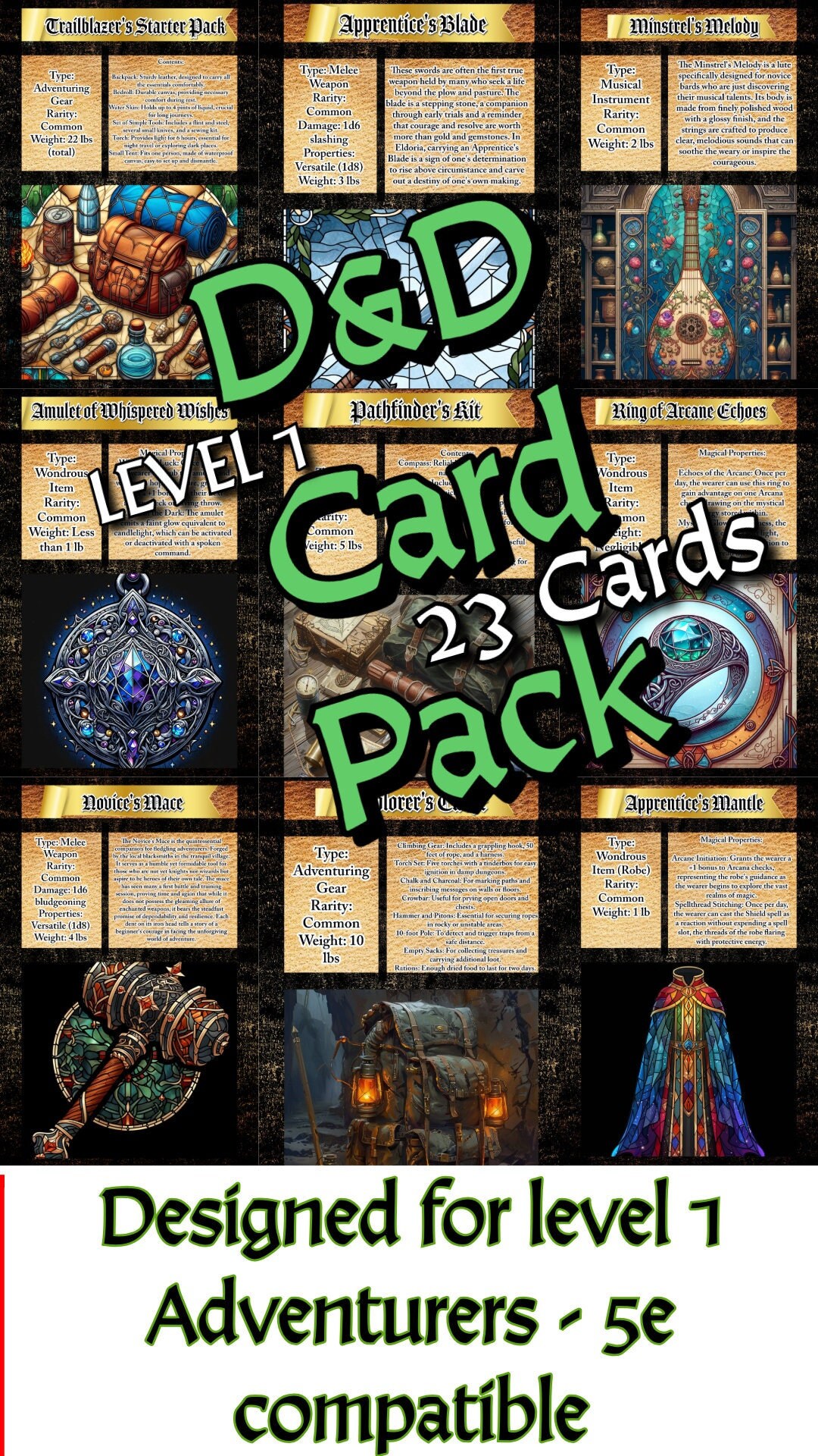 Level 1 Dnd Card Pack 23 Essential Equipment Item Cards Bonus Mystery ...