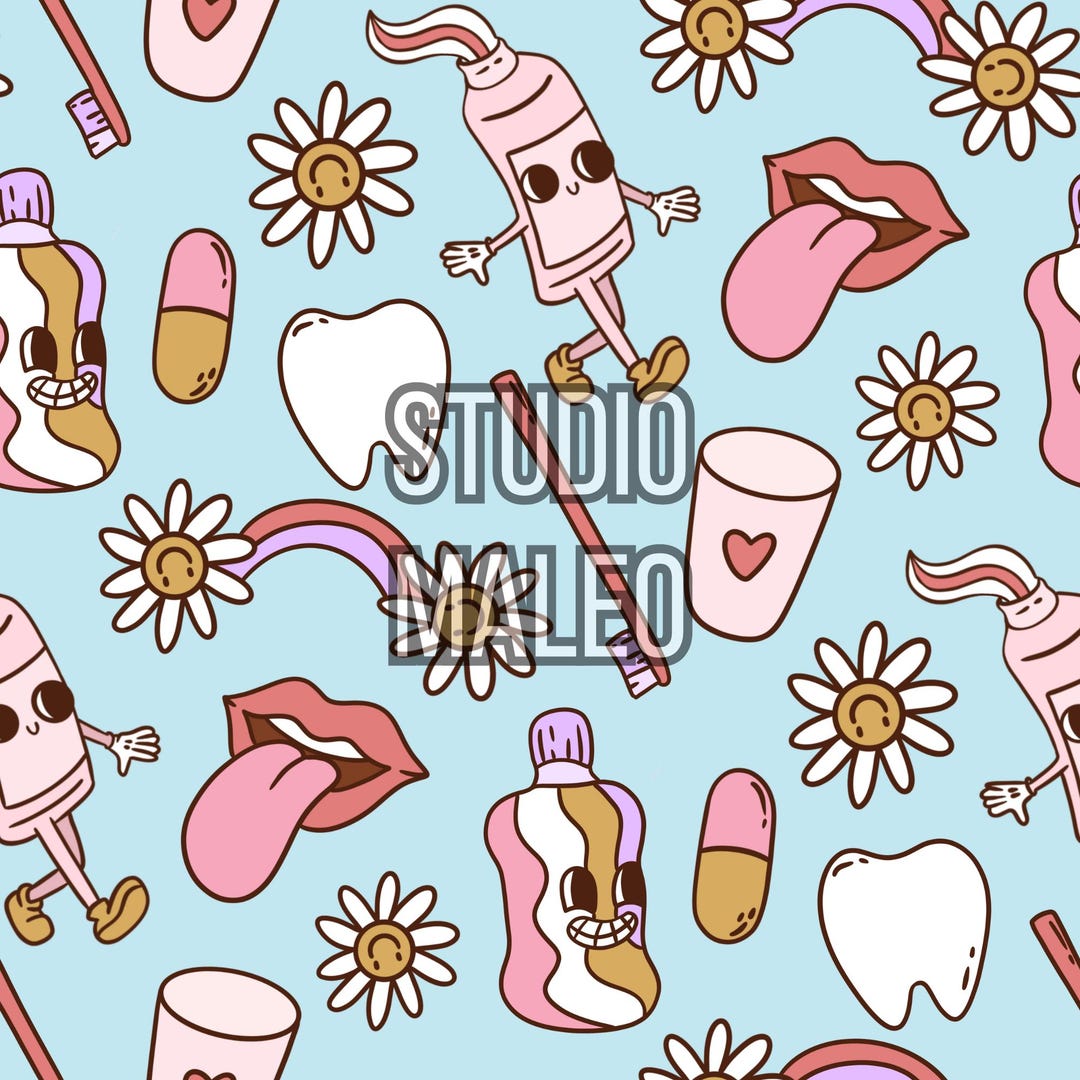 Cute Kawaii Toothbrush Toothpaste Lips Tongue and Flower Oral Care Theme Seamless Repeat Pattern ...