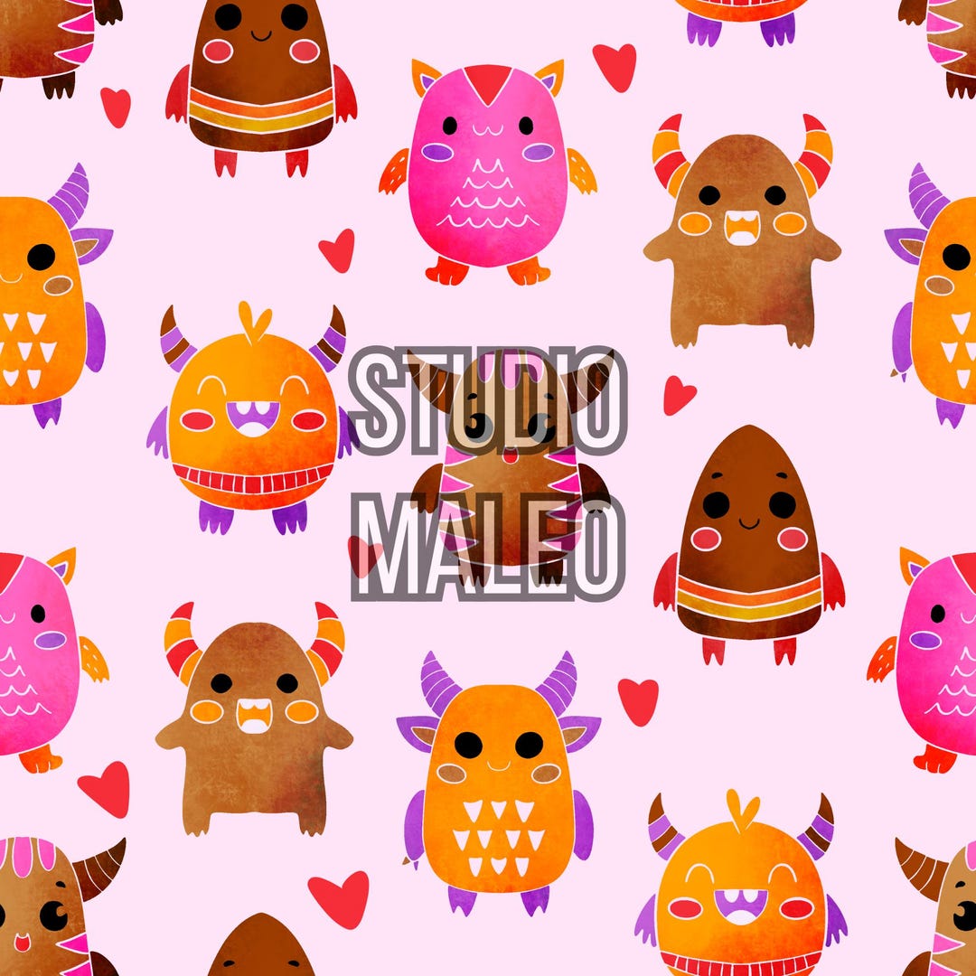 Cute Pastel Cartoon Monsters With Hearts and Pink Background Seamless ...