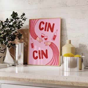 Cin Cin Wine Print Alcohol Print Retro Wine Poster Bar Cart Wall Art ...