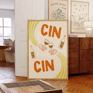Cin Cin Wine Print Alcohol Print Retro Wine Poster Bar Cart Wall Art ...