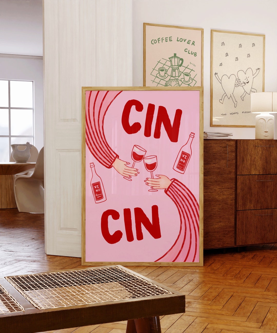 Cin Cin Wine Print Alcohol Print Retro Wine Poster Bar Cart Wall Art ...