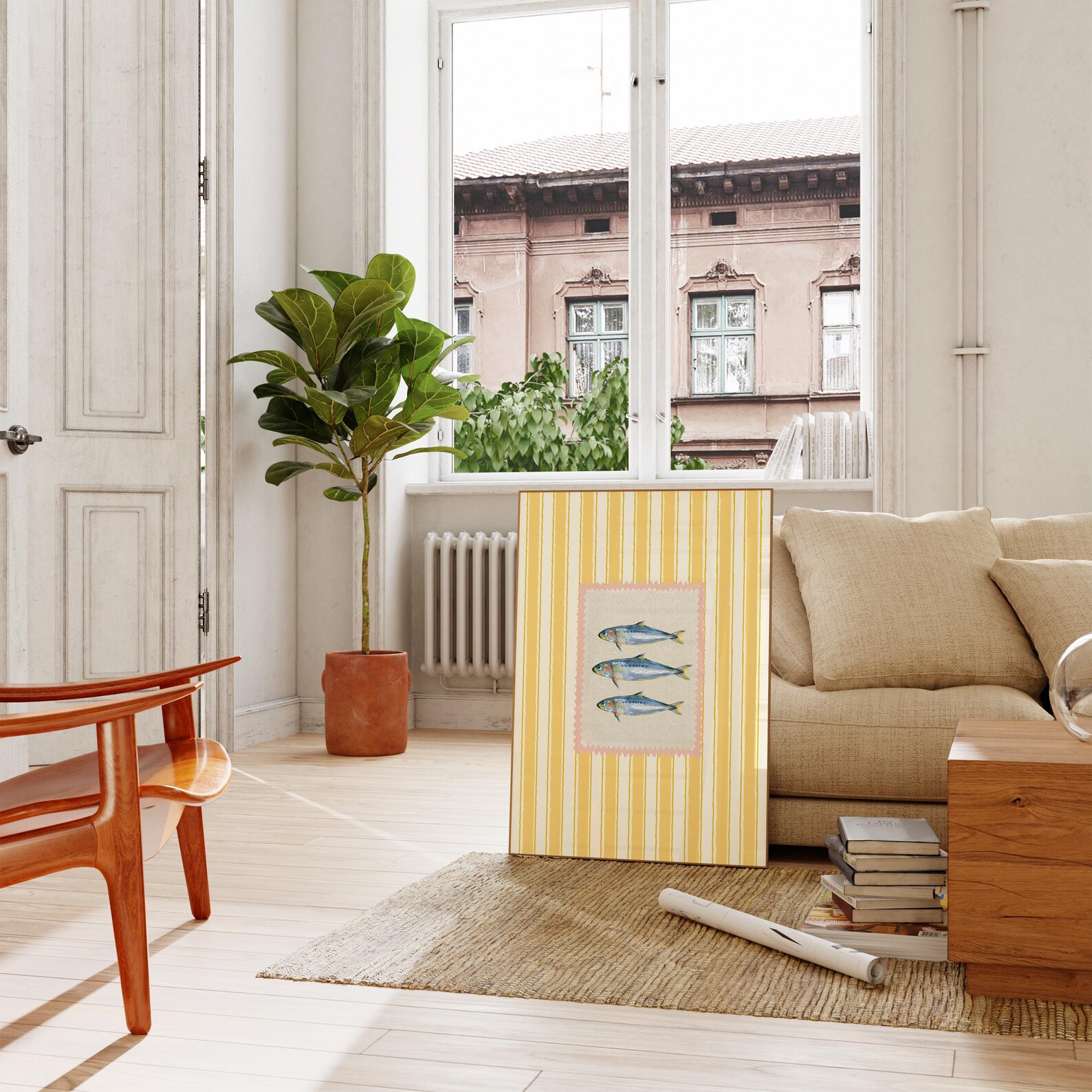 Vintage Sardines Fish Yellow Pink Stripe Trendy Aesthetic Kitchen Wall ...