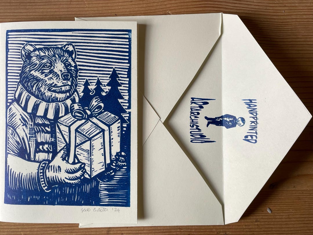 Rascal Bear Christmas Card. Linocut - Etsy