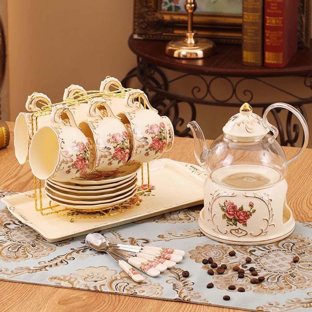 European Ceramic Flower Tea Set Glass Fruit and Flower Teapot Heat ...