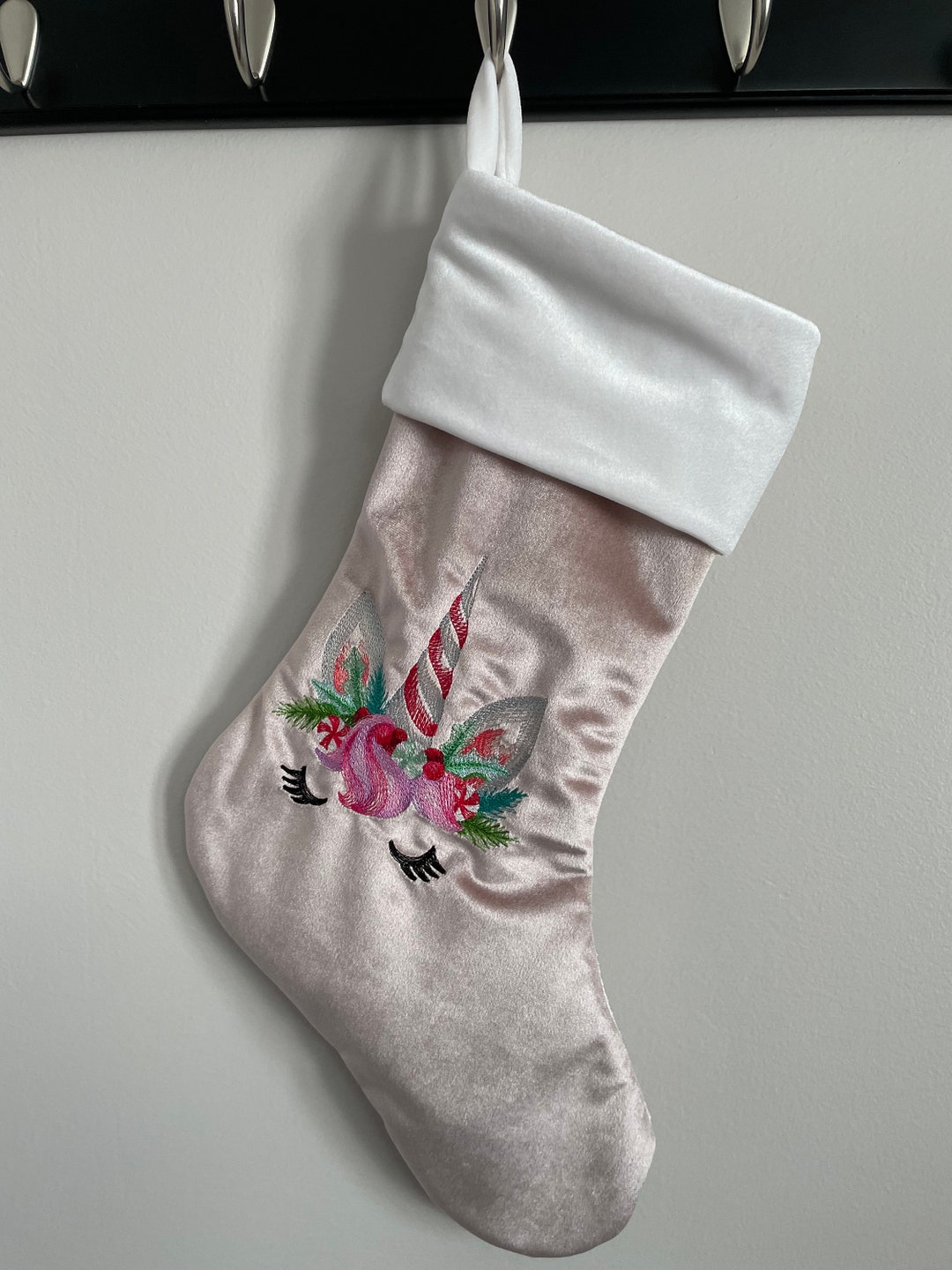 Embroidered Unicorn Christmas Stocking, Blush Velvet, Handmade - Etsy