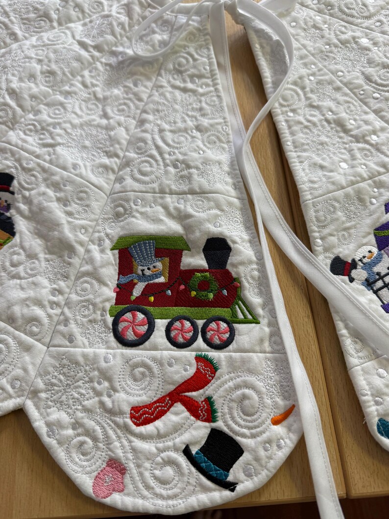 Christmas Snowman Train Embroidered and Quilted Hand Crafted Tree Skirt ...