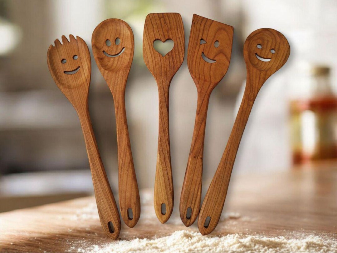 Handmade Cherry Wood Cooking Utensils: Smiley Face Spoons, Eco-friendly ...