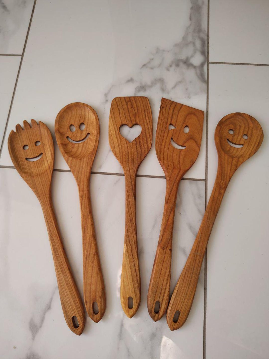 Handmade Cherry Wood Cooking Utensils: Smiley Face Spoons, Eco-friendly ...